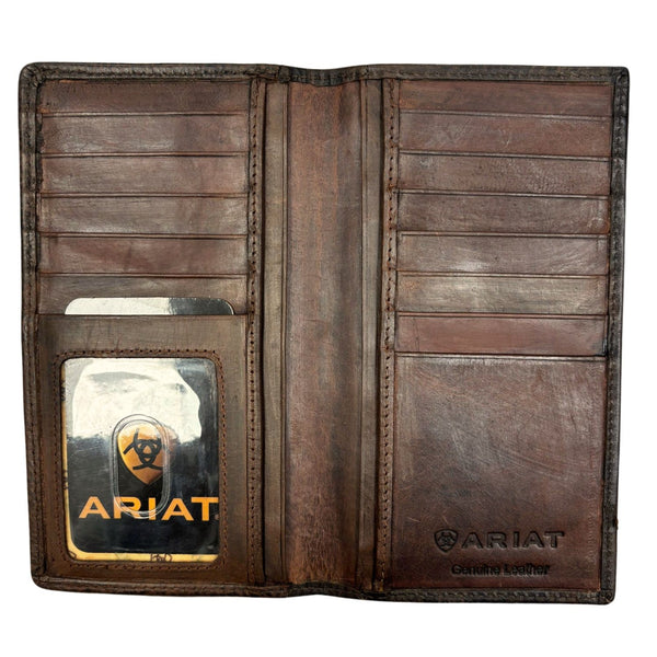 Ariat Mens Southwestern Wool Floral Tooled Leather Rodeo Wallet Checkb ...